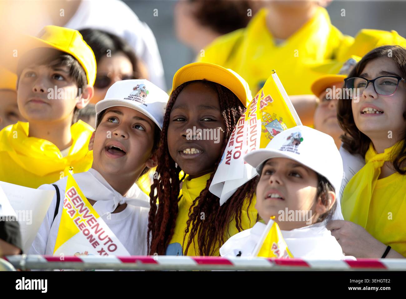 Children await the arrival of Pope Leo XIV for his pastoral visit to ...