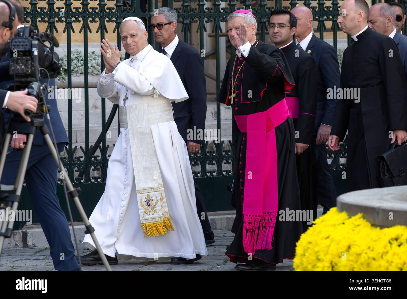 Pope Leo XIV arrives at Acerra Cathedral during his pastoral visit to ...