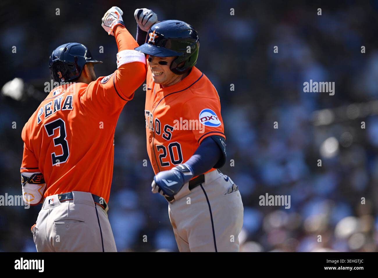 Houston Astros' Nick Allen (20) celebrates with teammate Jeremy Pena (3 ...