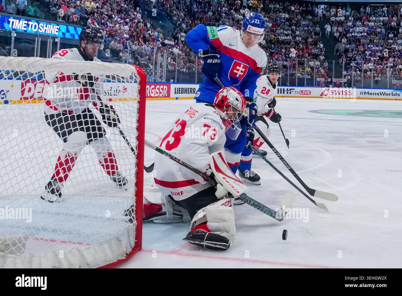 FRIBOURG, SWITZERLAND - MAY 24: goalkeeper Jet Greaves of Canada saves ...