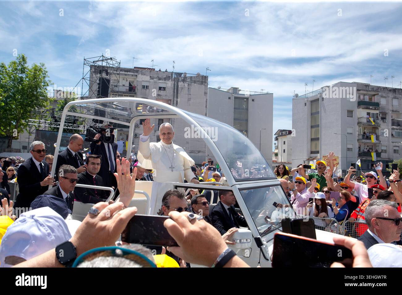 Pope Leo XIV leaves at the end of the meeting with the mayors and ...