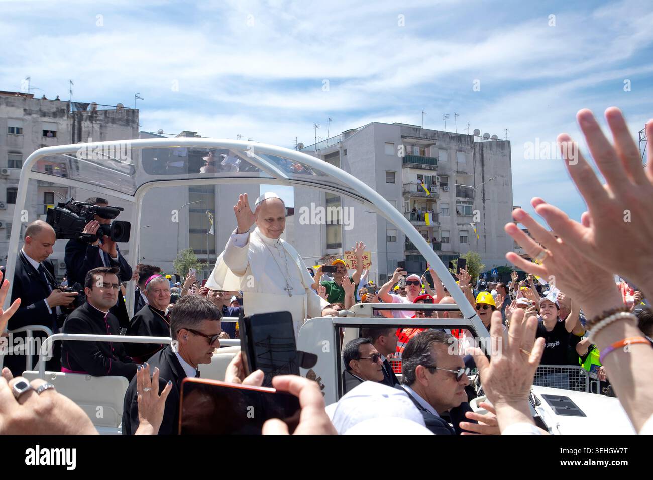 Pope Leo XIV leaves at the end of the meeting with the mayors and ...