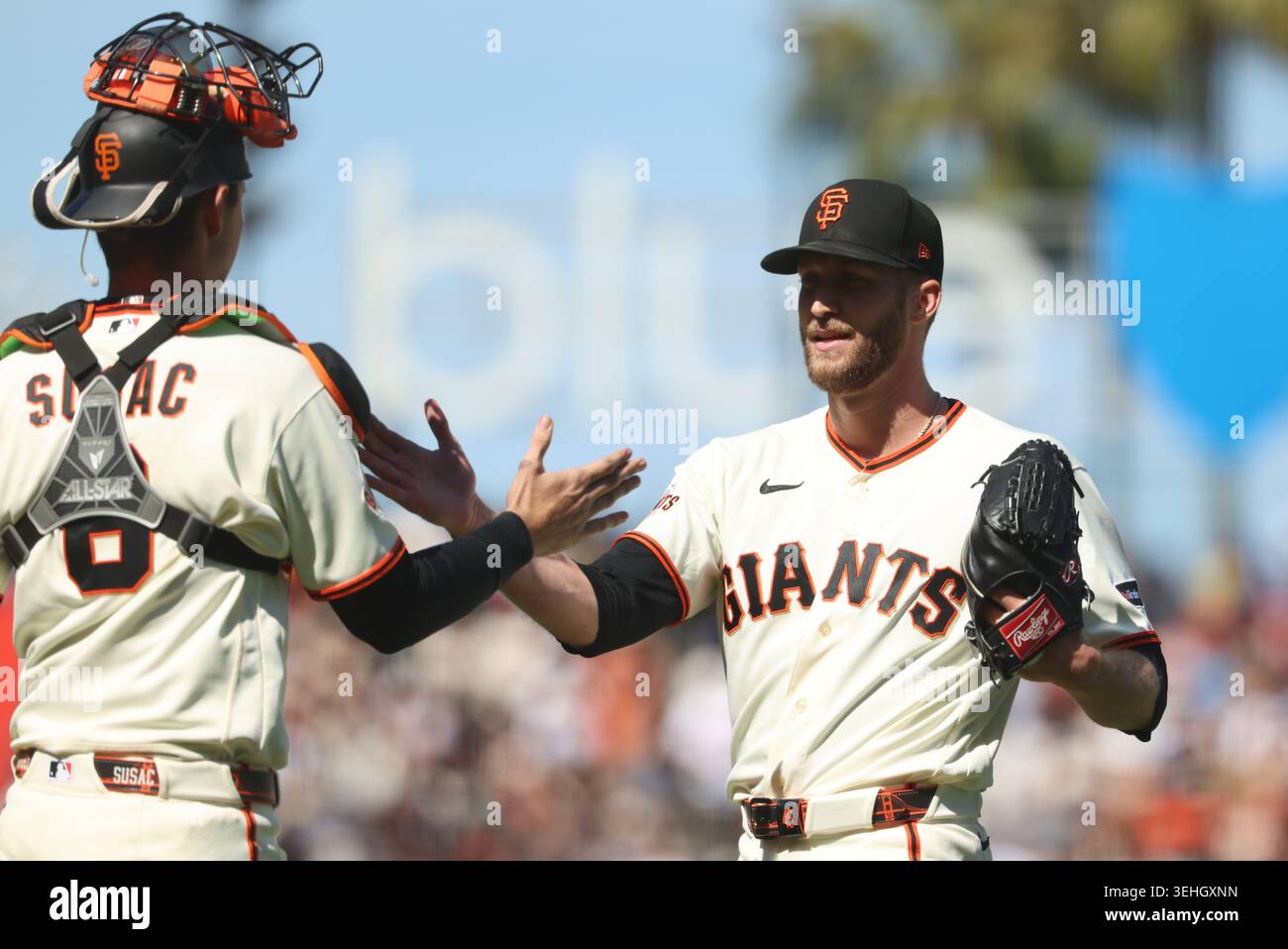 San Francisco Giants' Caleb Kilian, right, celebrates with Daniel Susac ...