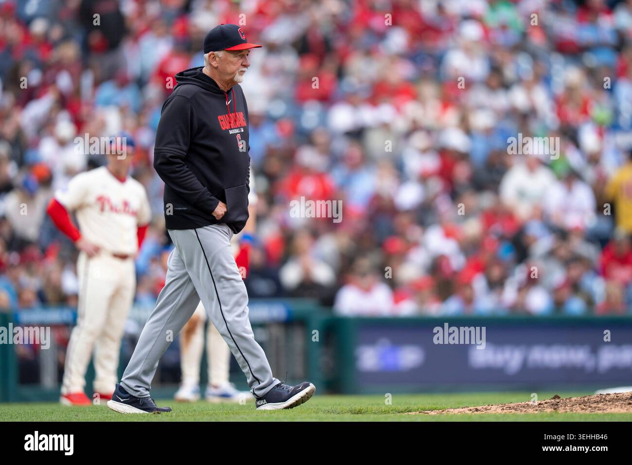 Cleveland Guardians pitching coach Carl Willis comes out to talk with ...