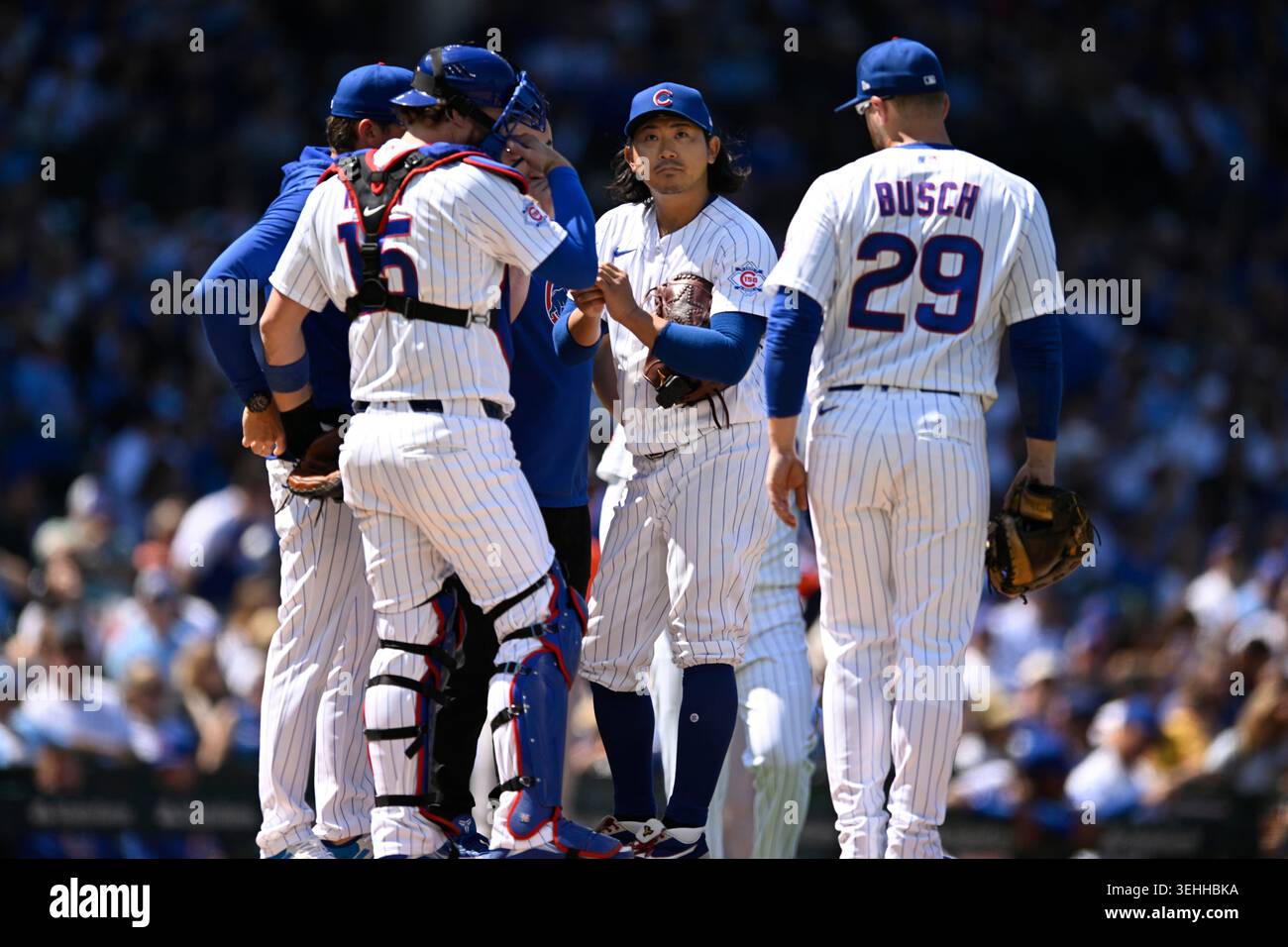 Chicago Cubs starting pitcher Shota Imanaga looks on during a meeting ...
