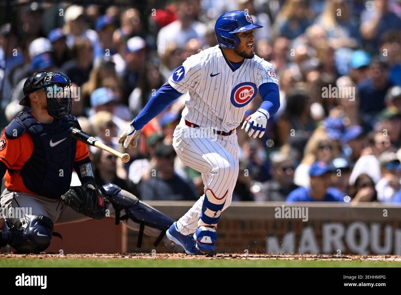 Chicago Cubs' Pedro Ramirez watches his RBI double during the second ...