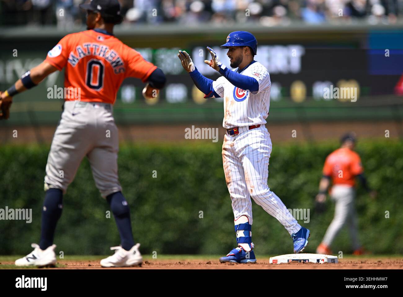 Chicago Cubs' Pedro Ramirez celebrates at second base after hitting an ...