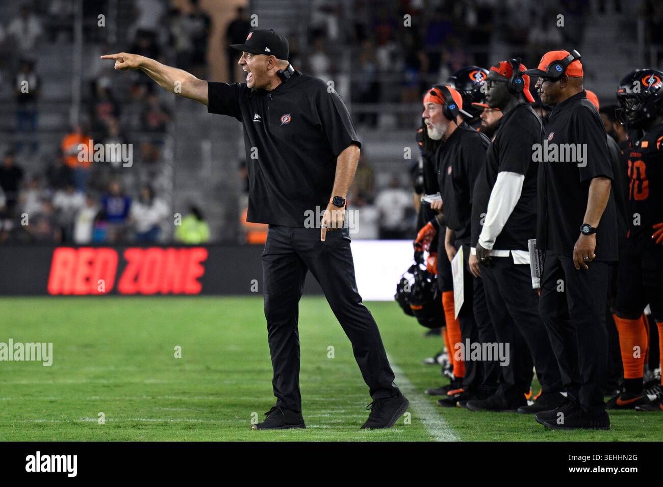 Orlando Storm head coach Anthony Becht, left, reacts to a call by an ...