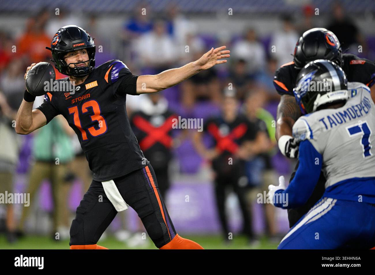 Orlando Storm quarterback Jack Plummer (13) is pressured by St. Louis ...