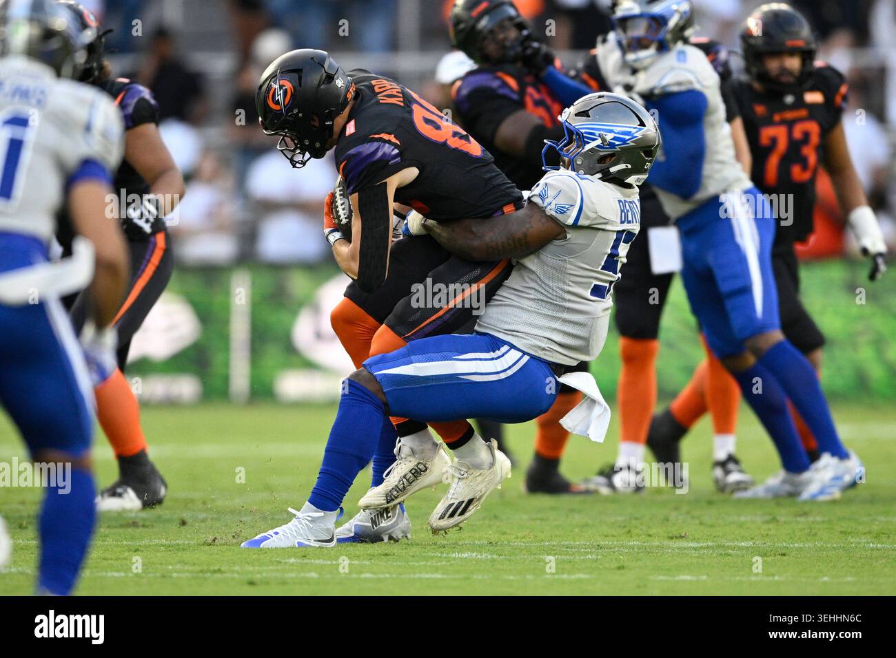 Orlando Storm wide receiver Jerome Kapp (85) is tackled by St. Louis ...