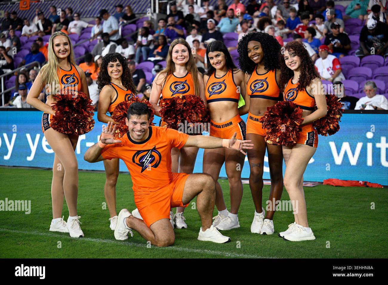 Orlando Storm cheerleaders pose on the sideline during a UFL football ...