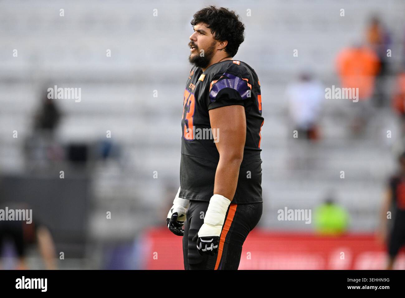 Orlando Storm guard Samuel Jackson (73) welcomes teammates onto the ...