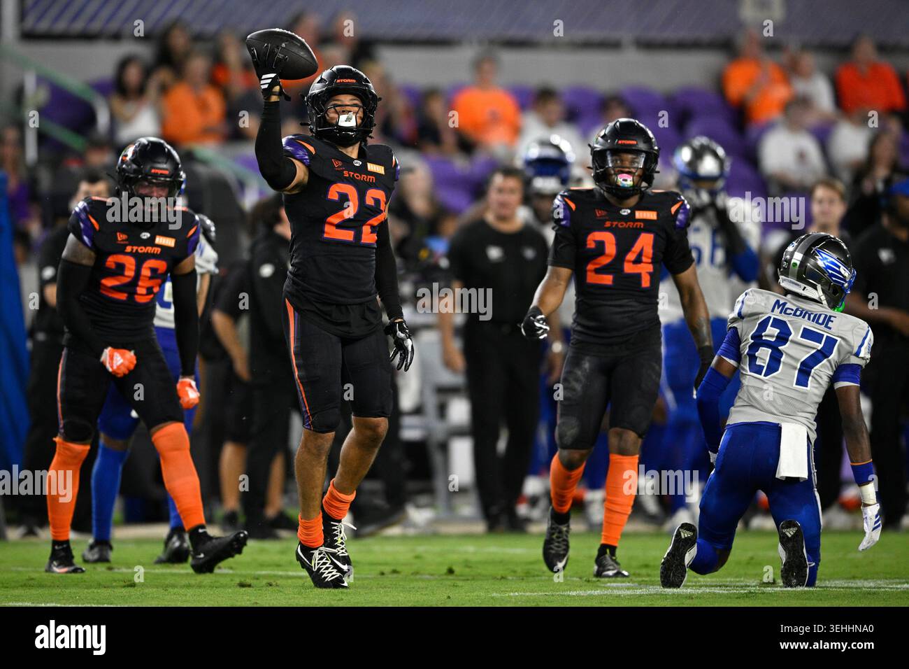 Orlando Storm safety Nate Meadors (22) celebrates after intercepting a ...