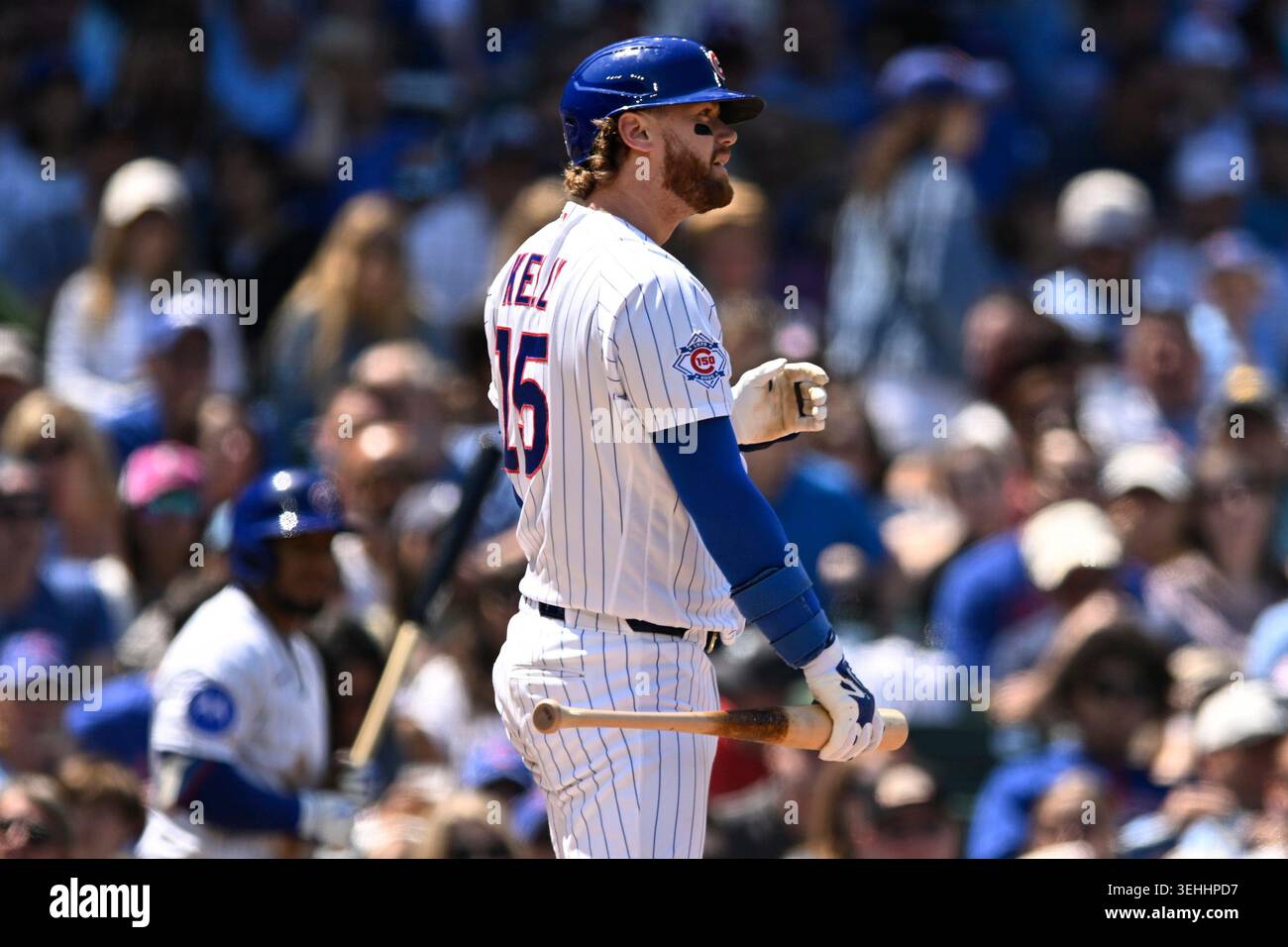 Chicago Cubs' Carson Kelly reacts after striking out during the third ...