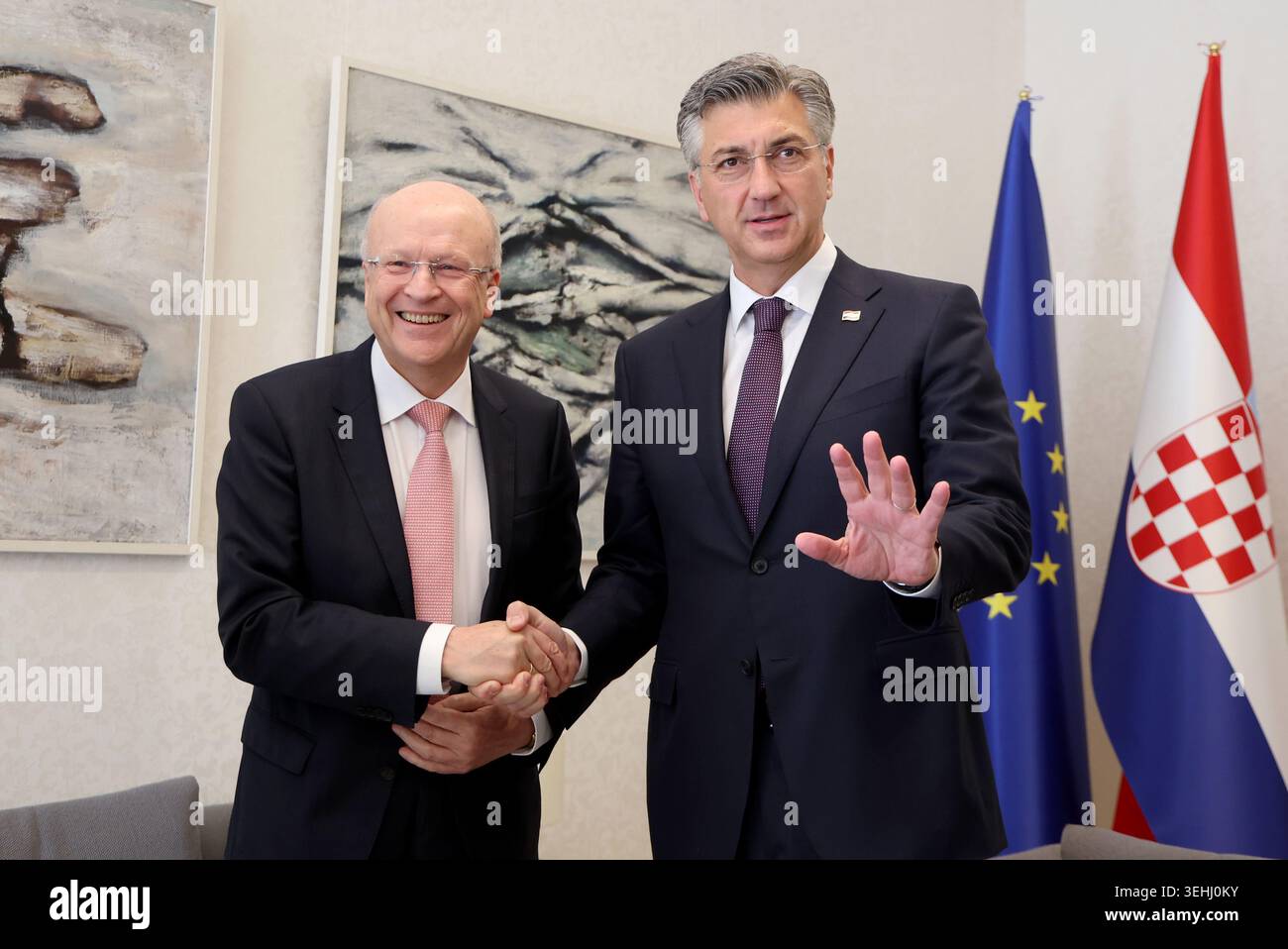 Prime minister of Croatia Andrej Plenkovic shake hands with President ...