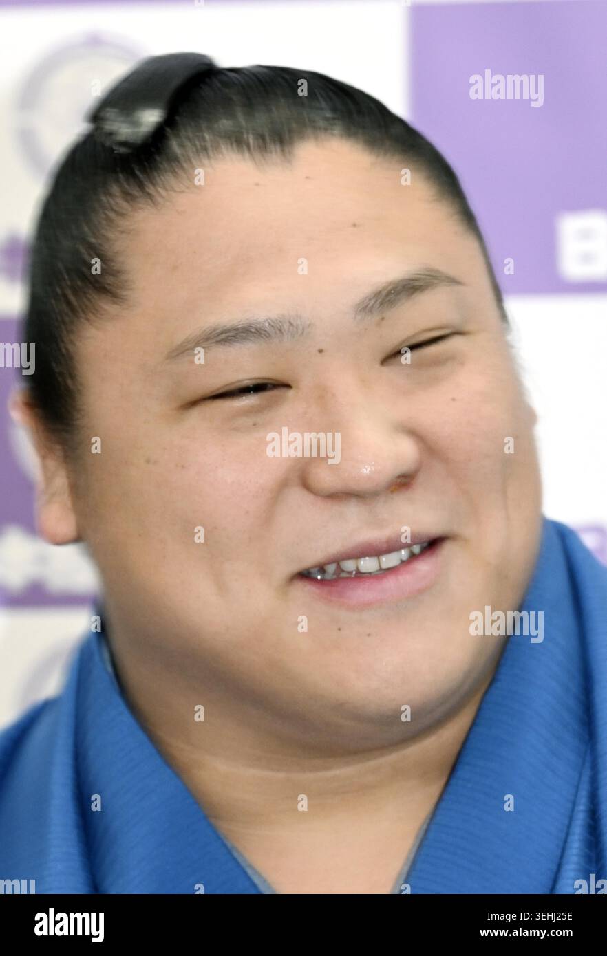 Komusubi Wakatakakage smiles during a press conference at the Ryogoku ...
