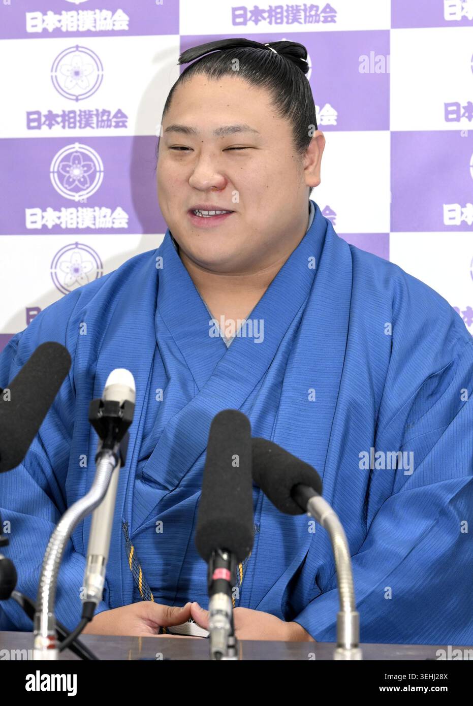 Komusubi Wakatakakage smiles during a press conference at the Ryogoku ...