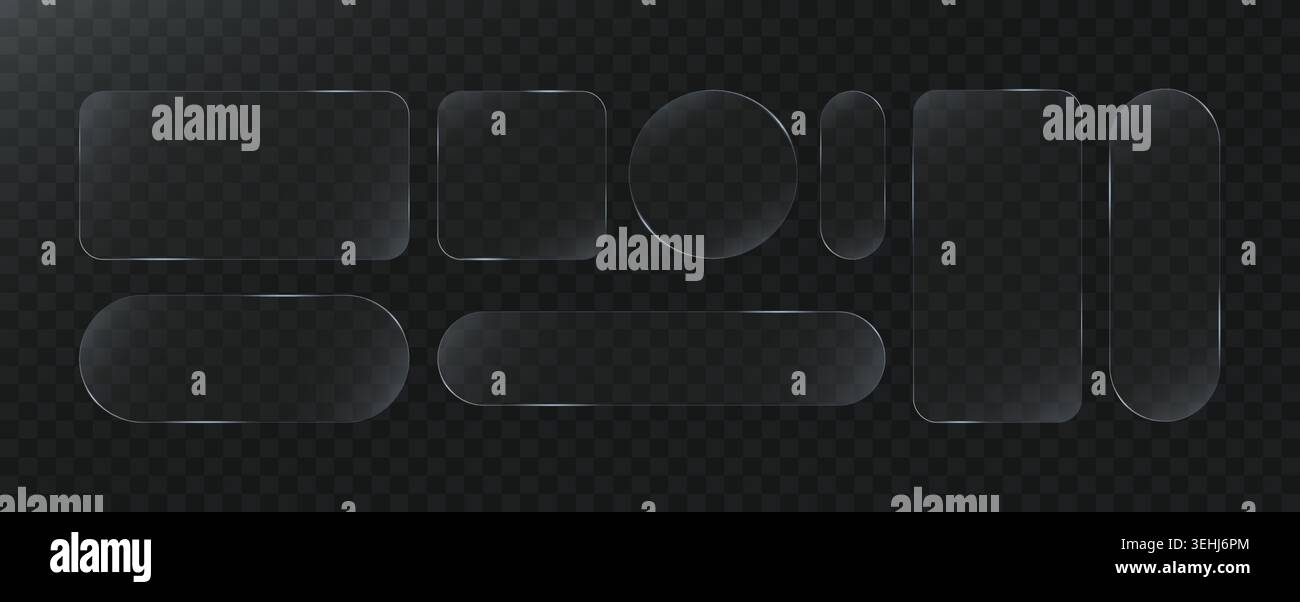 Transparent glassmorphism frame set on a dark black background ...