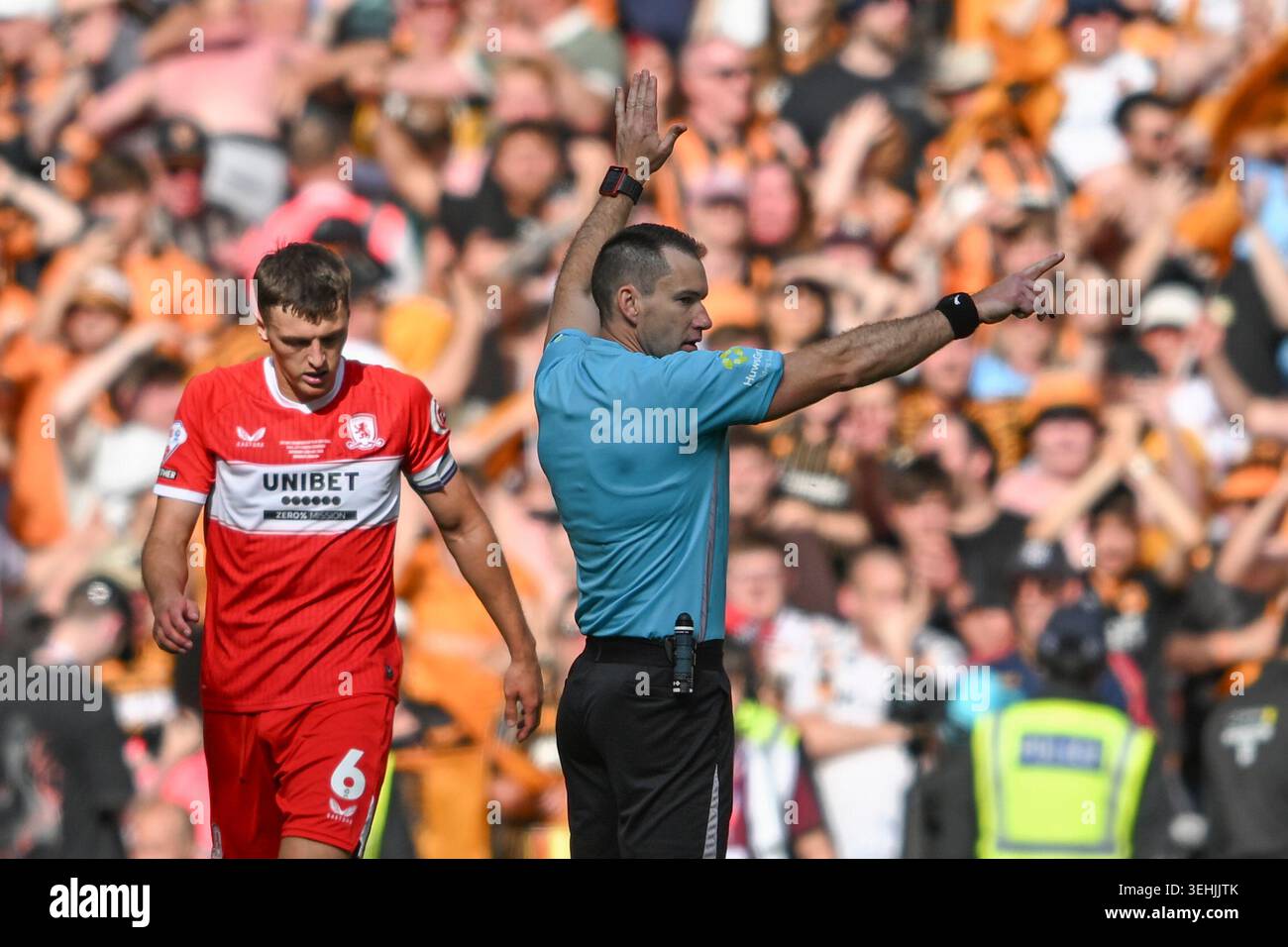 Referee Jared Gillett signals its offside during the Sky Bet ...