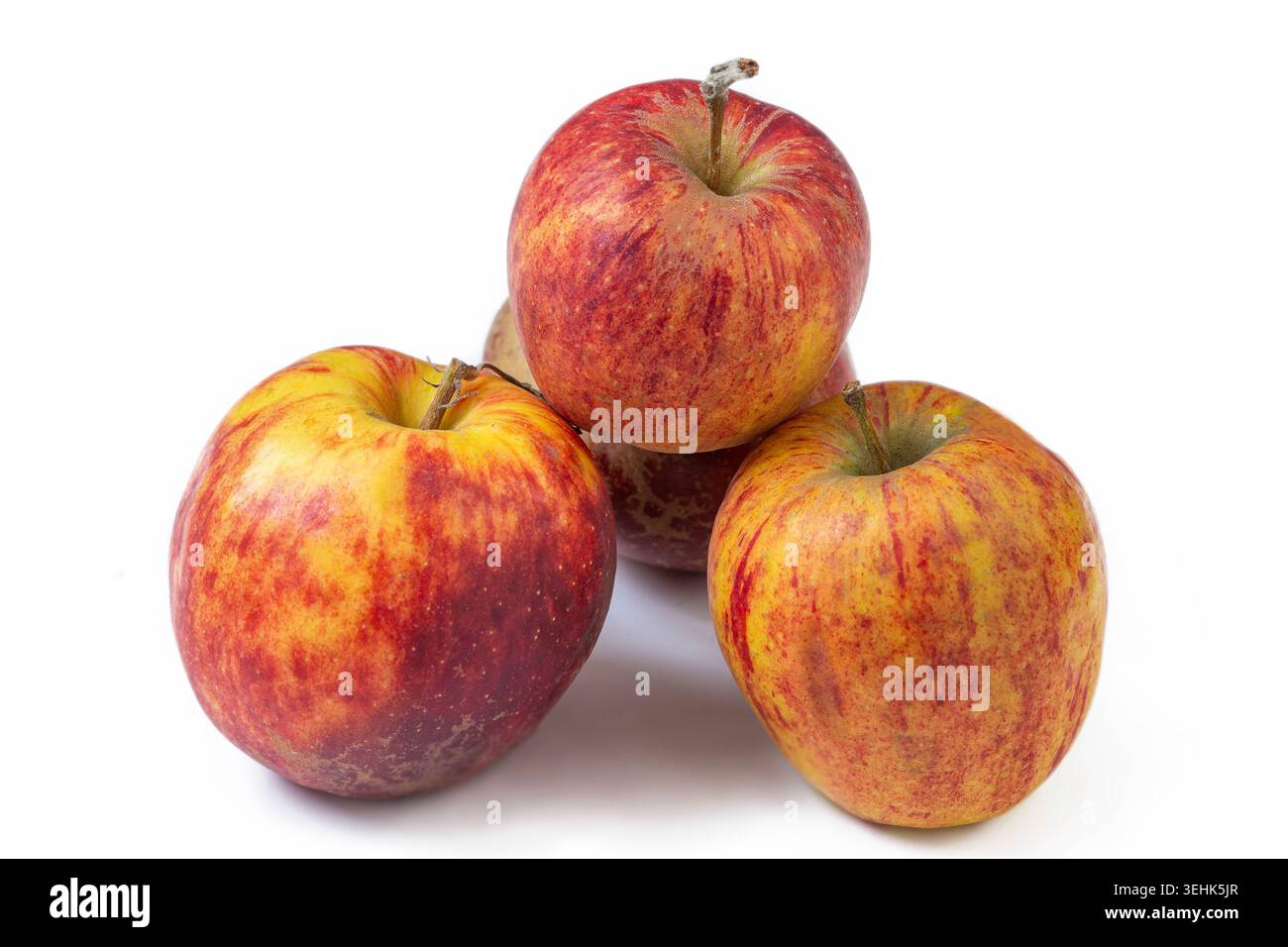 Four apples Malus domestica with red and yellow skin are stacked ...