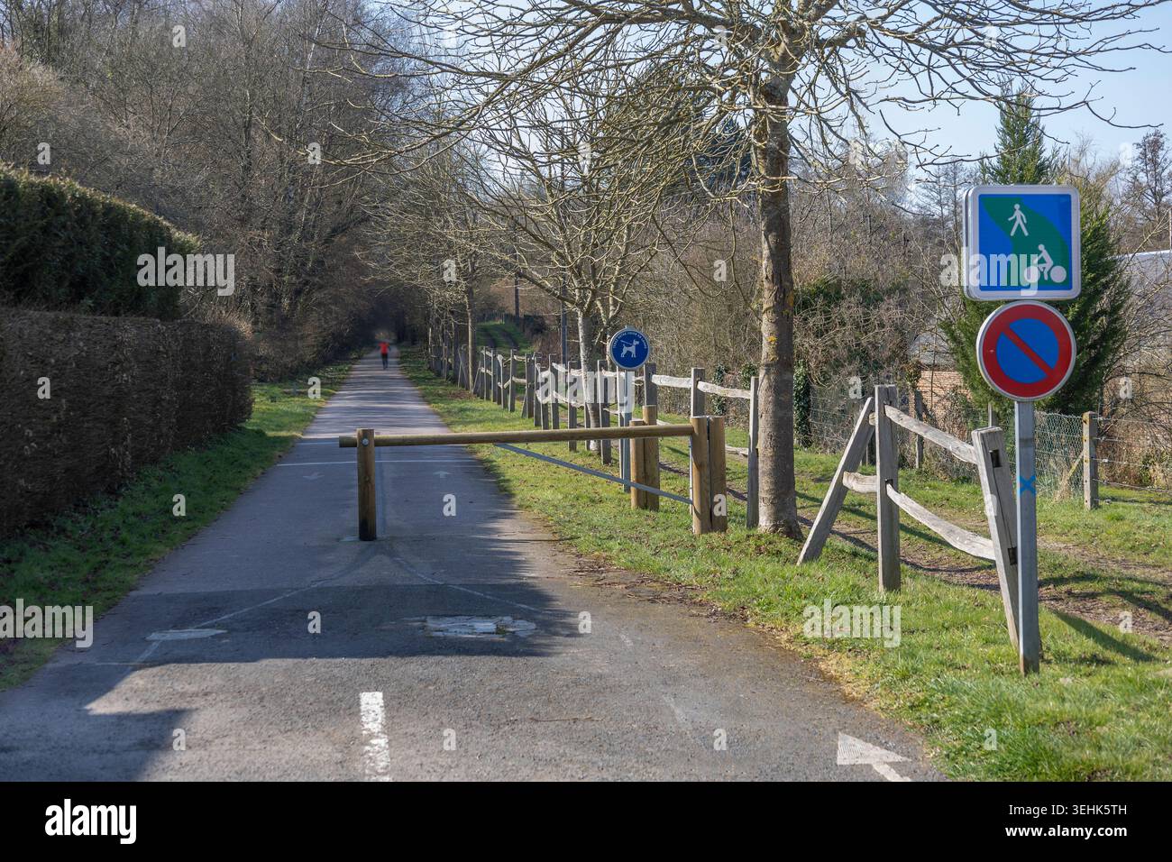 A paved path with a wooden barrier is lined by trees and fences. Three ...