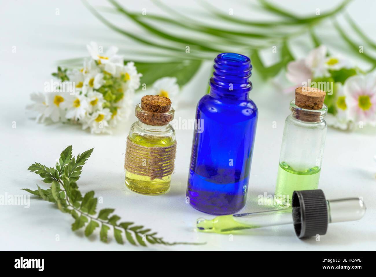 Three glass bottles containing liquids, one glass dropper, green leaves ...