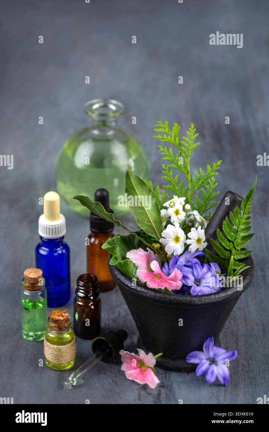 A black mortar contains various flowers, leaves, and a fern. Several ...