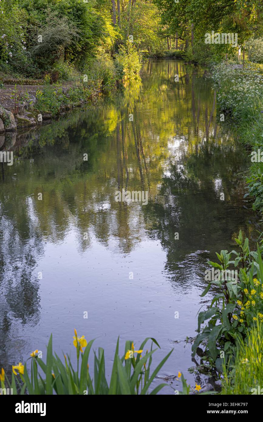A narrow river flows through a wooded area, reflecting the surrounding ...