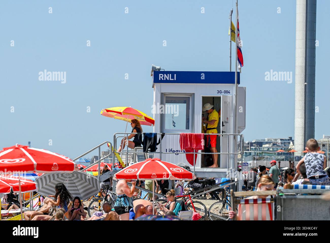 Brighton UK 25th May 2026 - Lifeguards keep watch on Brighton beach as ...