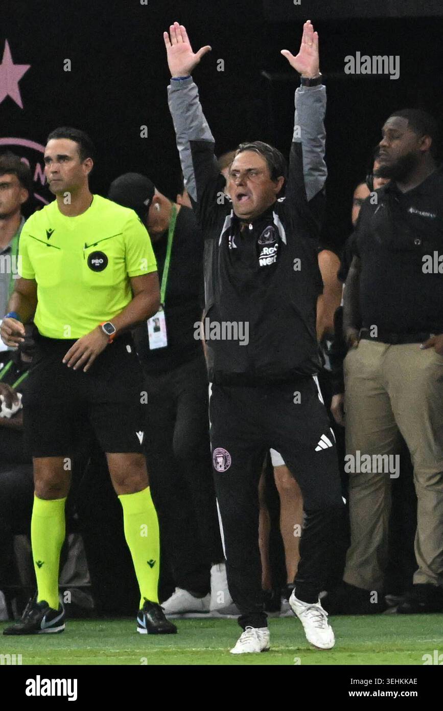Inter Miamis Argentine head coach Angel Guillermo Hoyos celebrates his ...