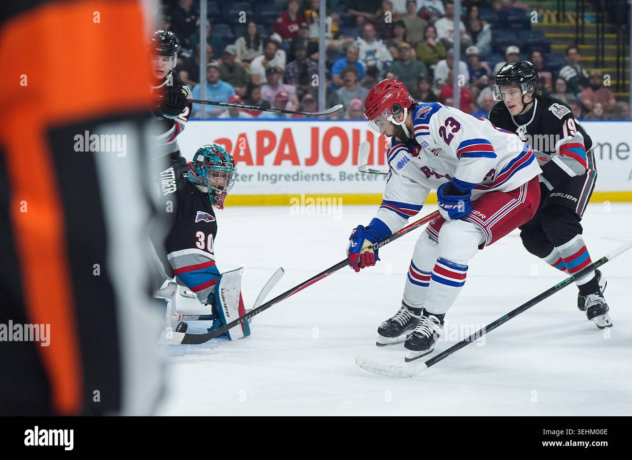 Kitchener Rangers' Sam O'Reilly (23) scores against Kelowna Rockets ...