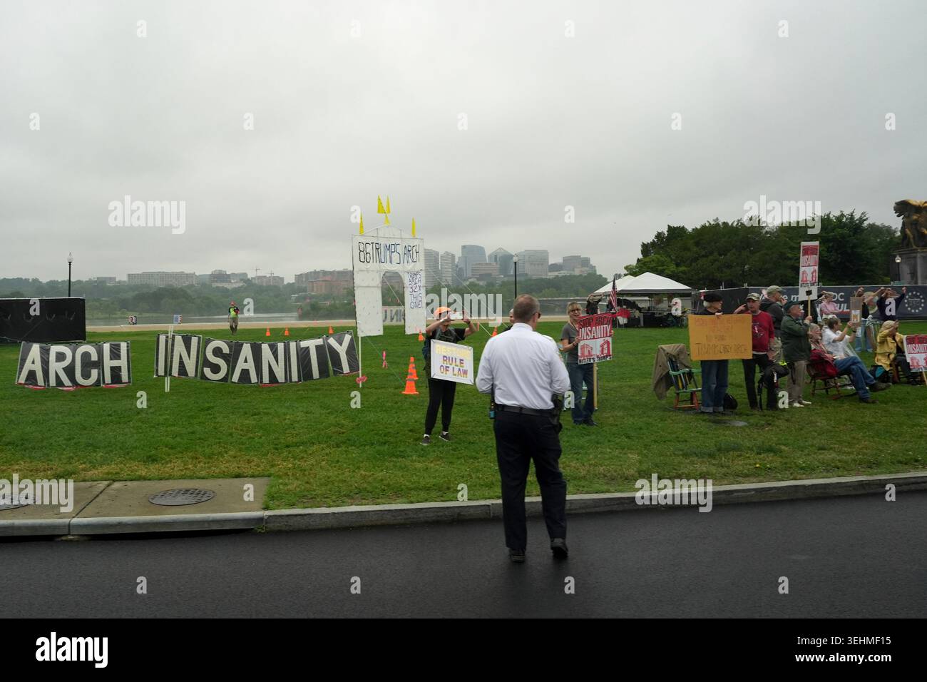 Protesters are pictured along the route as President Donald Trump ...