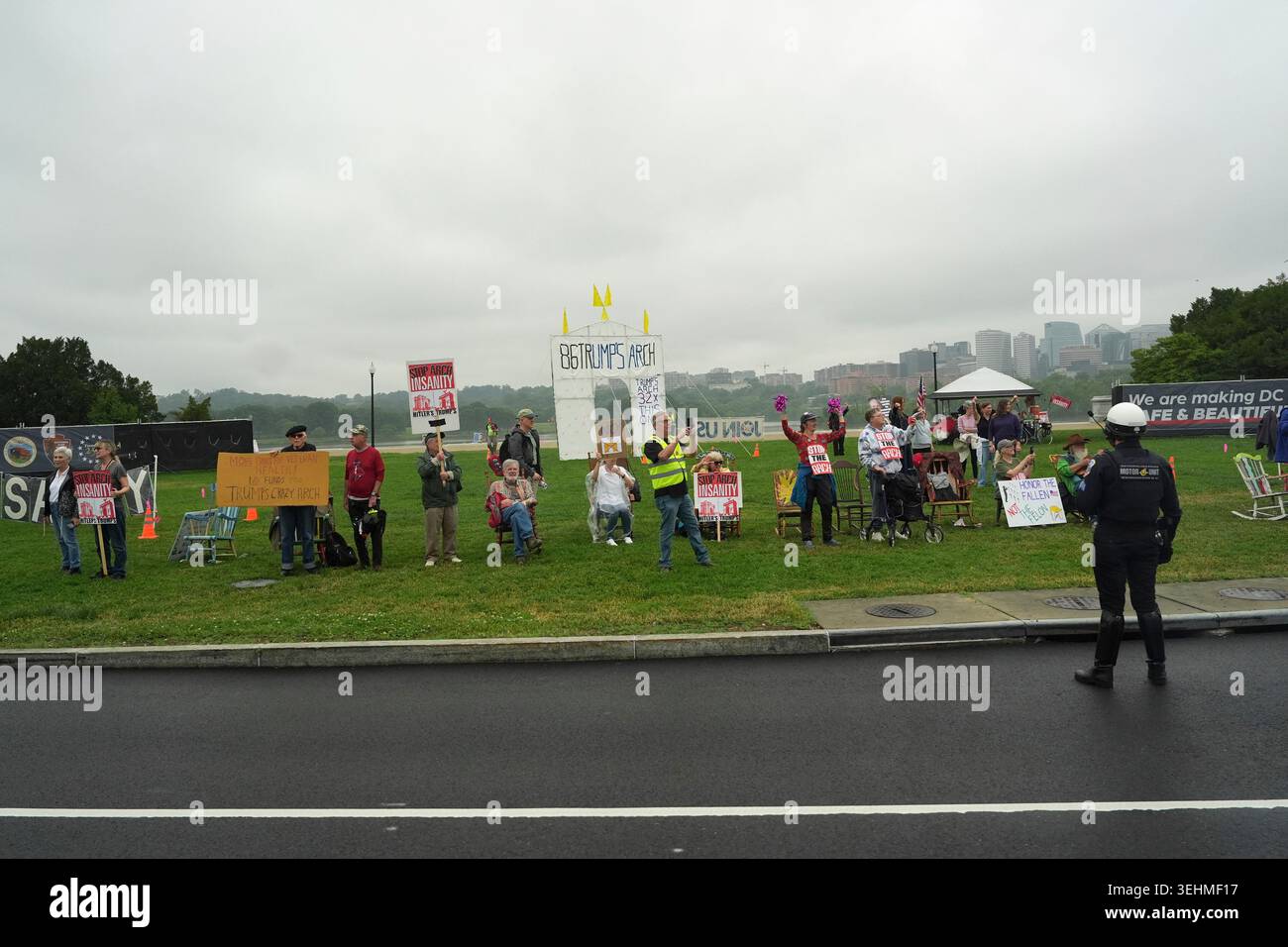Protesters are pictured along the route as President Donald Trump ...
