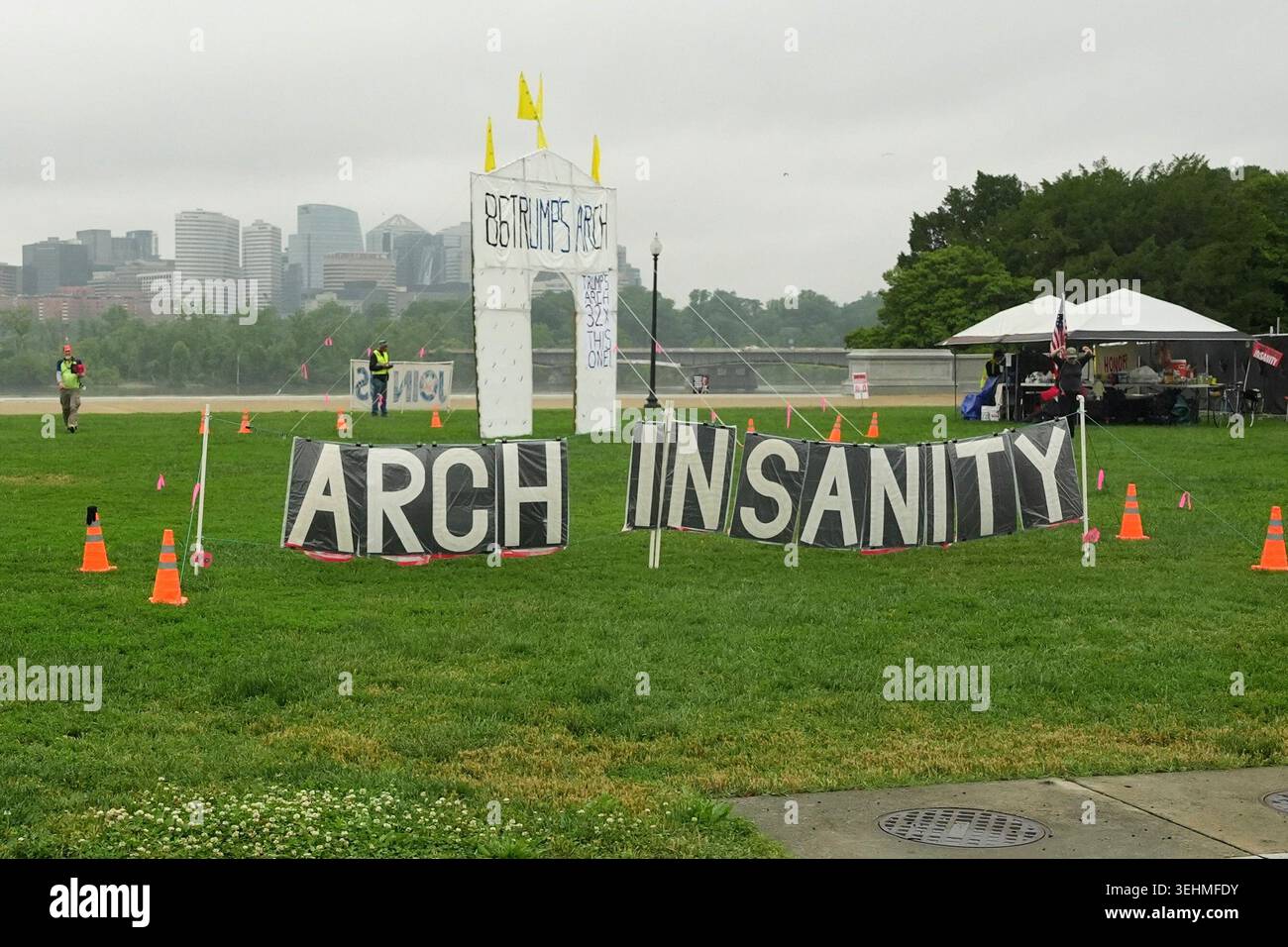 Protesters are pictured along the route as President Donald Trump ...
