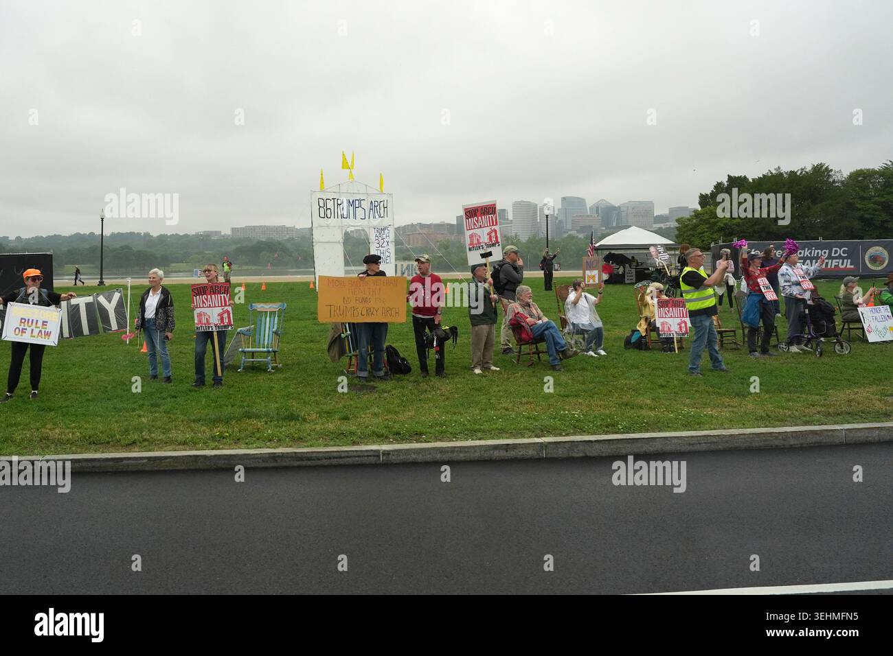 Protesters are pictured along the route as President Donald Trump ...