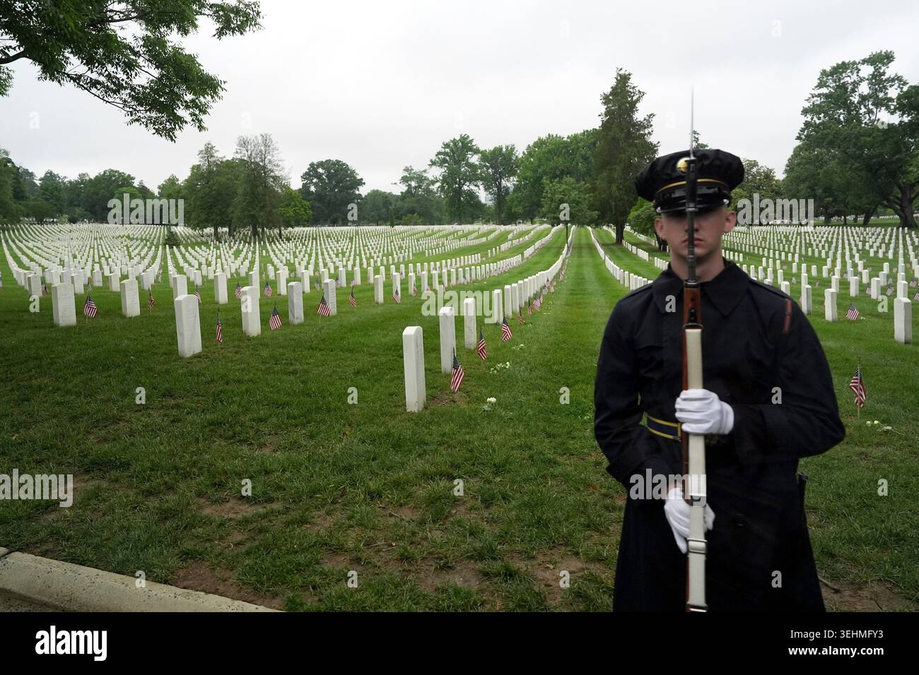A member of the honor guard stands at attention as President Donald ...