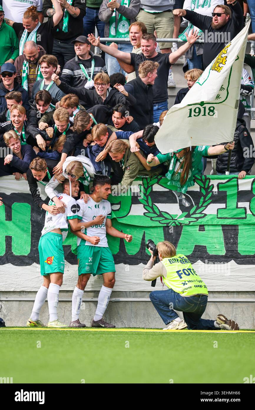 Hamar 20260525. HamKam's Aksel Potur celebrates his 1-0 goal during the ...