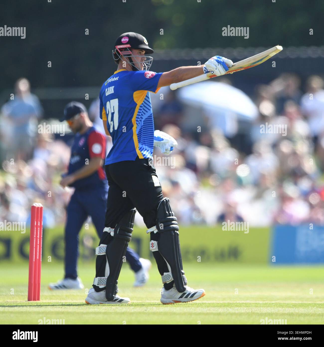 Canterbury, England. 25th May 2026. Tom Clark raises his bat after ...