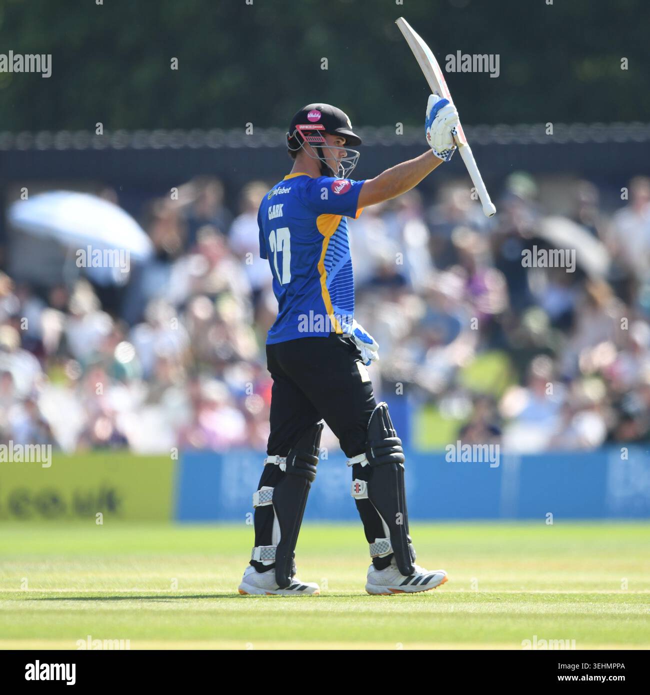 Canterbury, England. 25th May 2026. Tom Clark raises his bat after ...