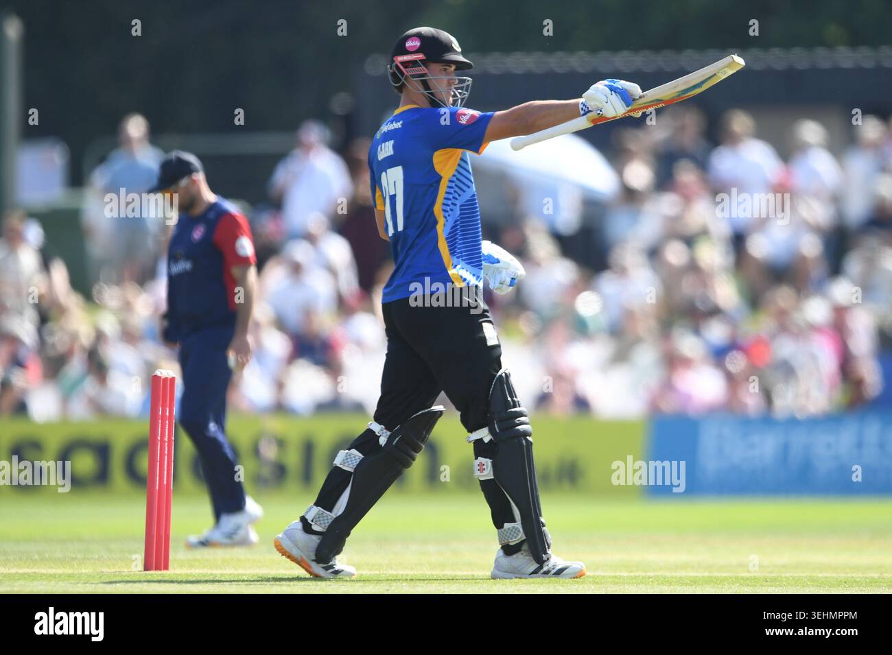 Canterbury, England. 25th May 2026. Tom Clark raises his bat after ...