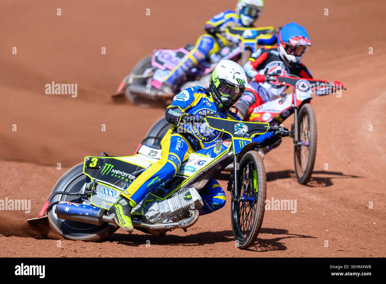 Chris Holder of Sheffield Tigers in White leading Zach Cook of Belle ...