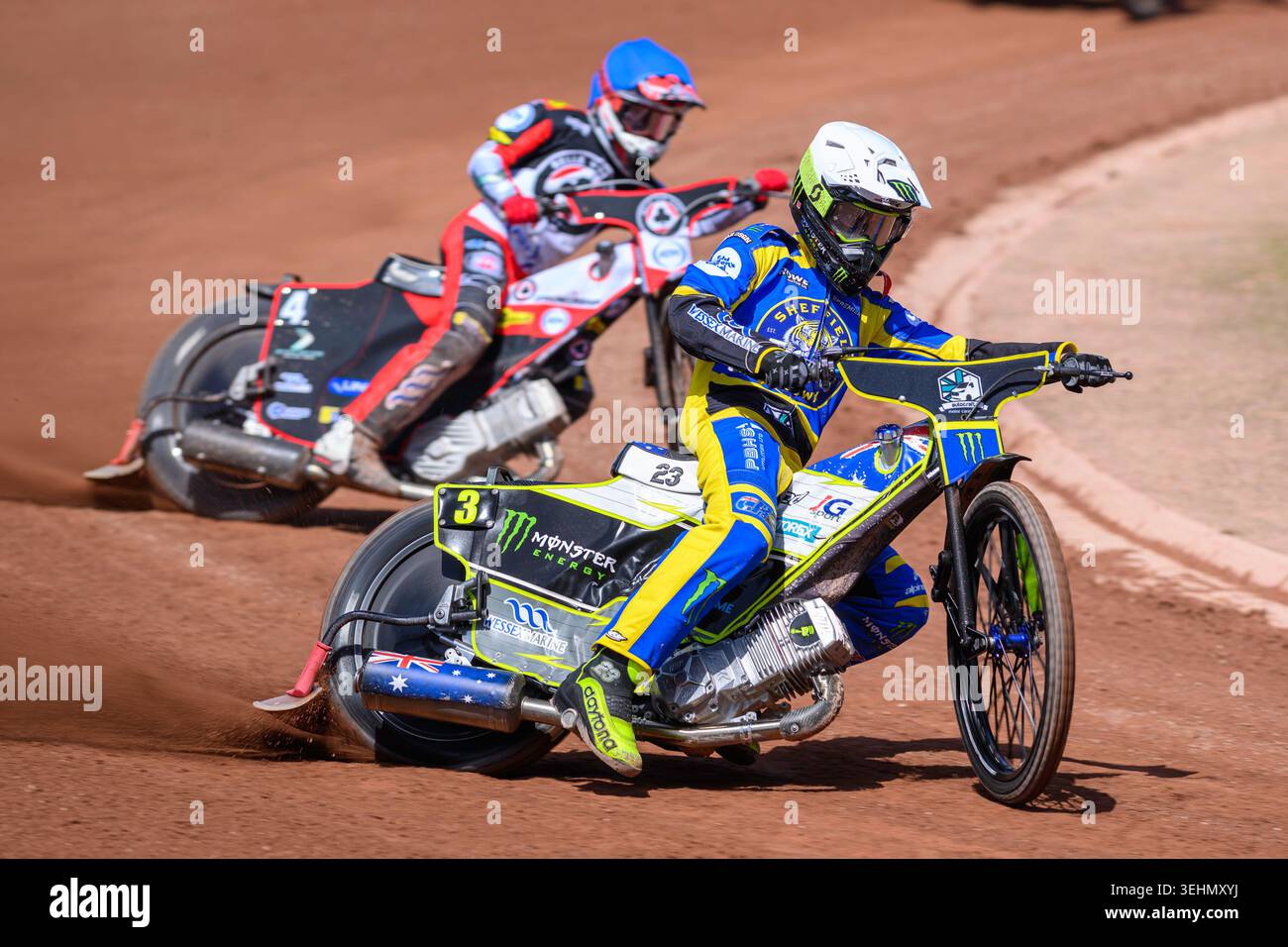 Chris Holder of Sheffield Tigers in White leading Zach Cook of Belle ...