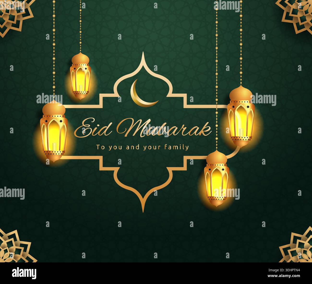 Beautiful Eid Mubarak greeting design featuring glowing hanging ...