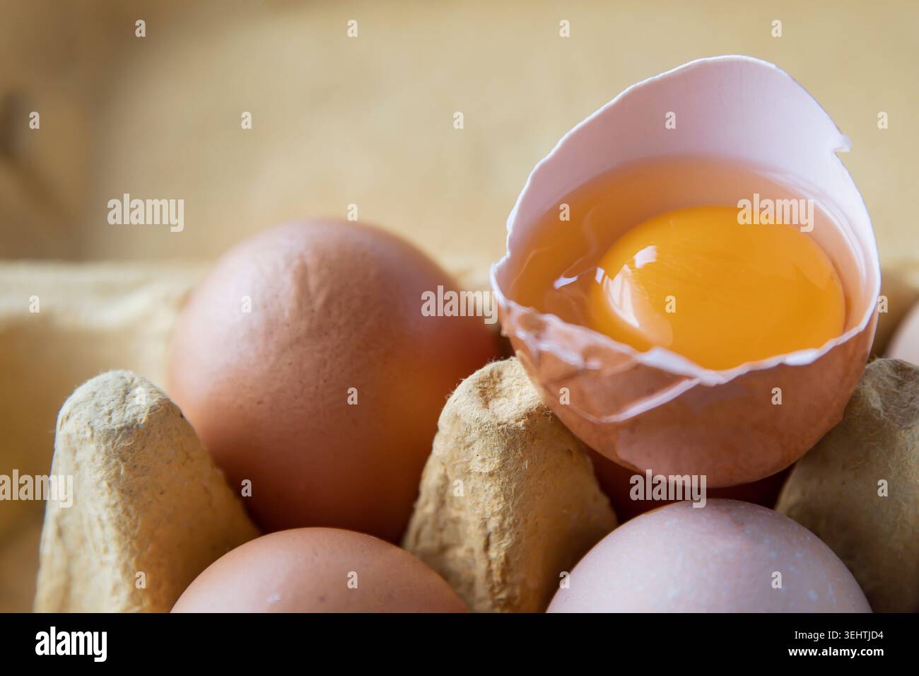 Raw egg yolk inside cracked eggshell in carton box with fresh chicken ...