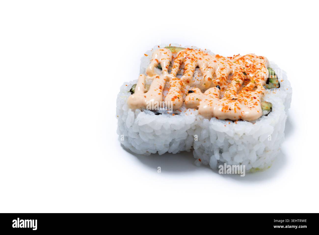 Close Up of Spicy Sushi Roll isolated on white background Stock Photo ...