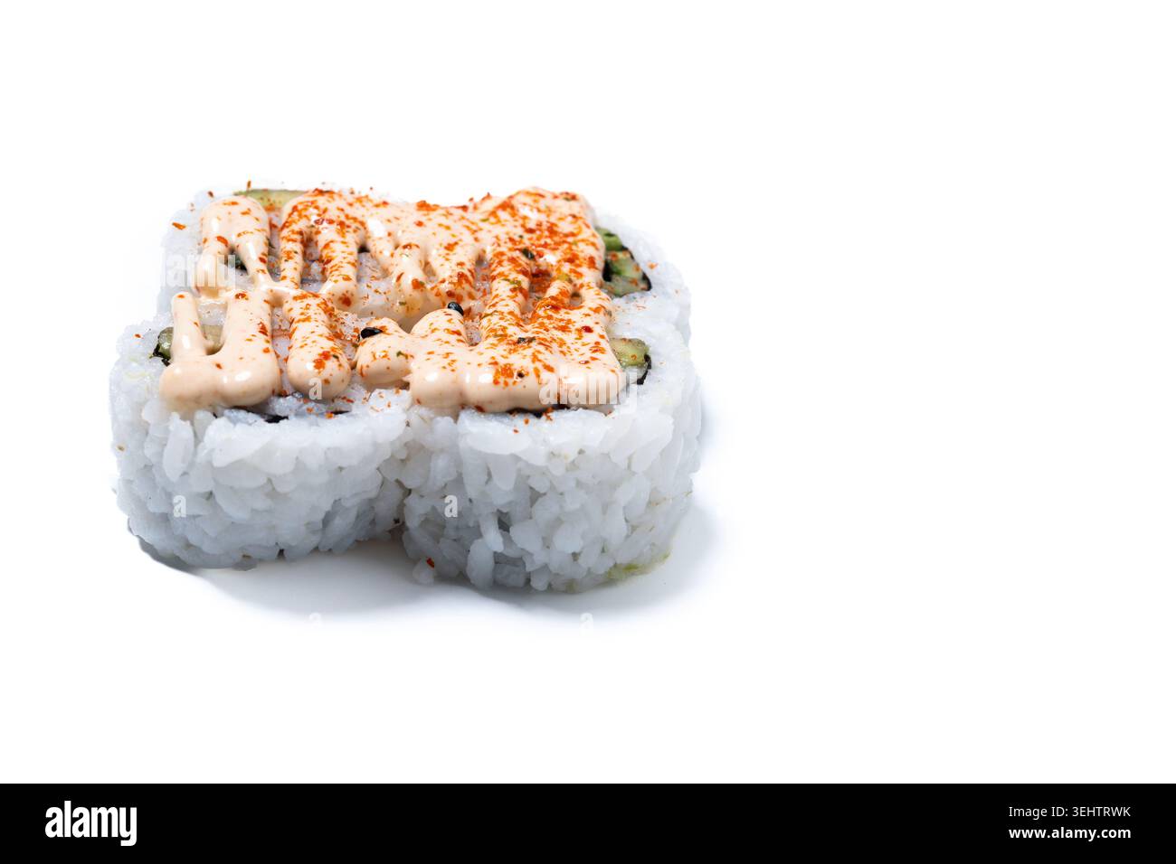 Close Up of Spicy Sushi Roll isolated on white background Stock Photo ...