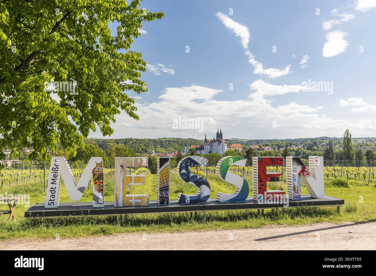 Schriftzug MEISSEN in den Weinbergen mit Albrechtsburg im Hintergrund ...
