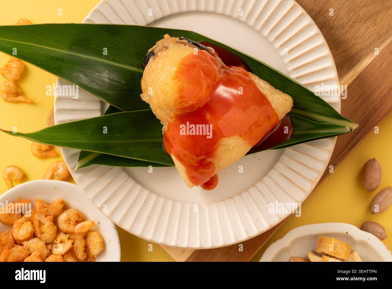 Top view of steamed glutinous rice dumpling Zongzi with bamboo leaves ...