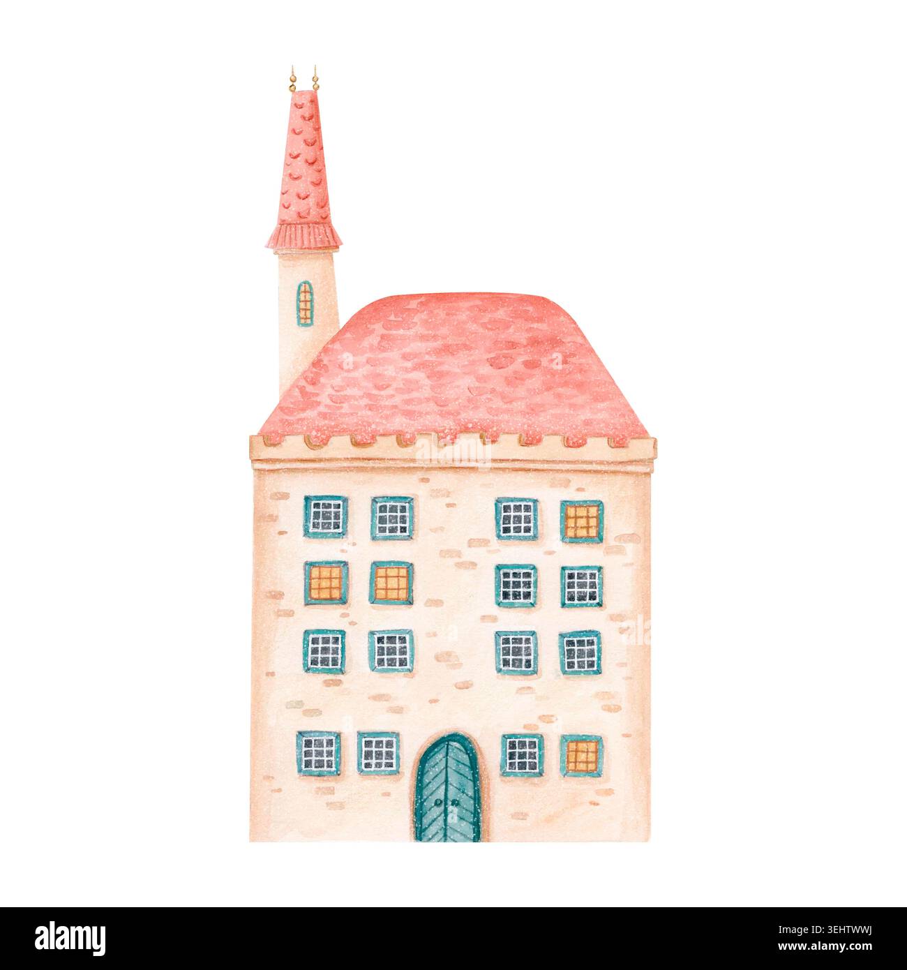 Watercolor Christmas townhouse with tower and tiled rooftop isolated ...