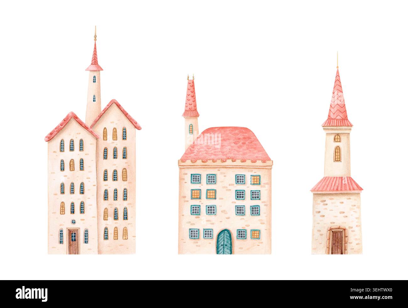 Hand painted watercolor Christmas town houses isolated illustration ...
